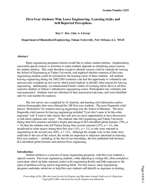 (PDF) First Year Students Who Leave Engineering: Learning Styles And ...