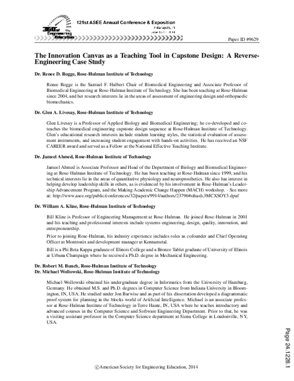 (PDF) The Innovation Canvas as a Teaching Tool in Capstone Design: A Reverse-Engineering Case Study