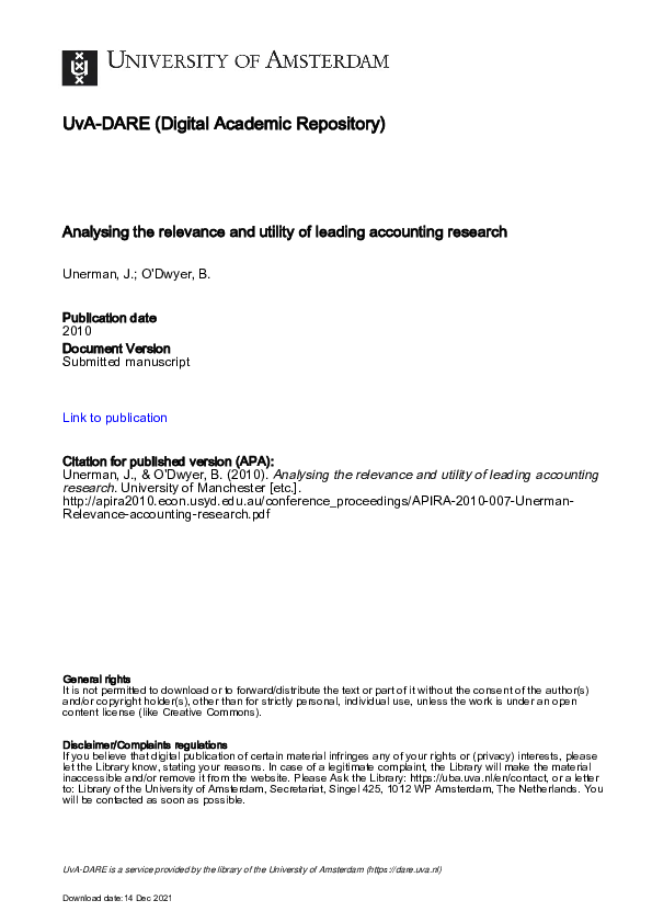 (PDF) Analysing the relevance and utility of leading accounting research