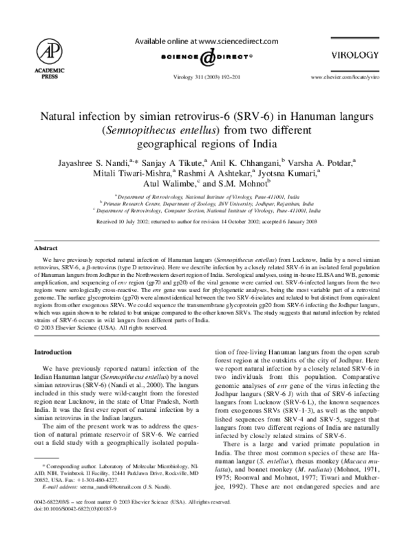 (PDF) Natural infection by simian retrovirus-6 (SRV-6) in Hanuman ...