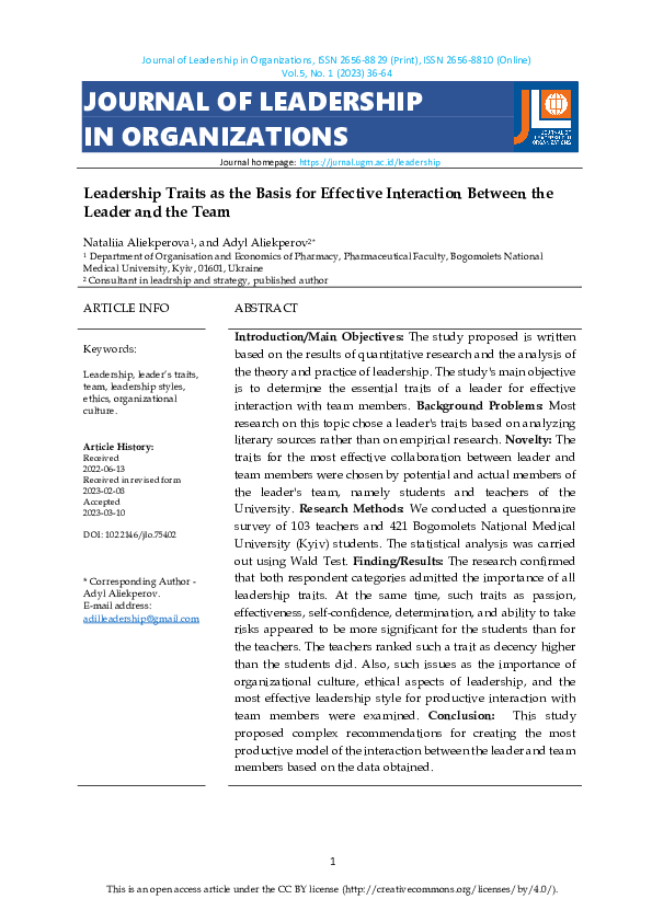 (PDF) Leadership Traits as the Basis for Effective Interaction Between ...