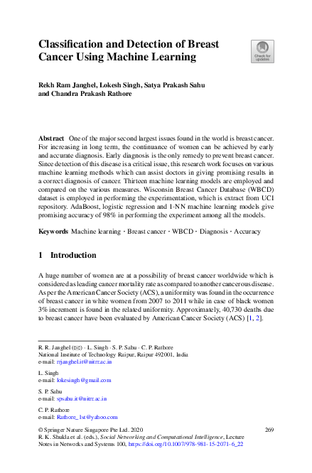 (PDF) Classification and Detection of Breast Cancer Using Machine Learning (PDF) Classification and Detection of Breast Cancer Using Machine Learning