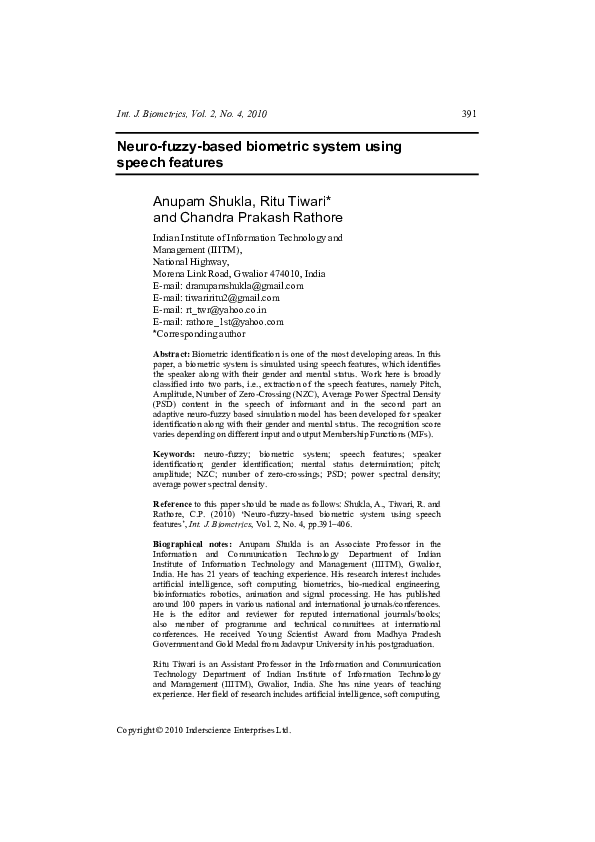 (PDF) Neuro-fuzzy-based biometric system using speech features