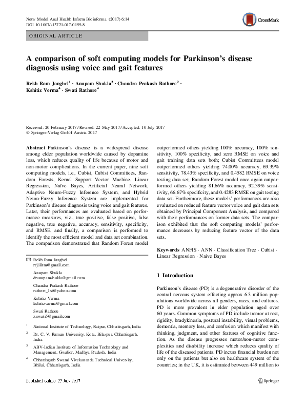 (PDF) A comparison of soft computing models for Parkinson’s disease diagnosis using voice and ...