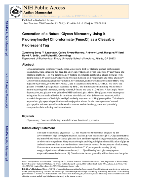 (PDF) Generation of a natural glycan microarray using 9-fluorenylmethyl chloroformate (FmocCl ...