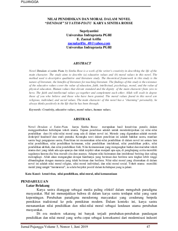 (PDF) Nilai Pendidikan Dan Moral Dalam Novel “Dendam” Si Yatim-Piatu Karya Sintha Rosse