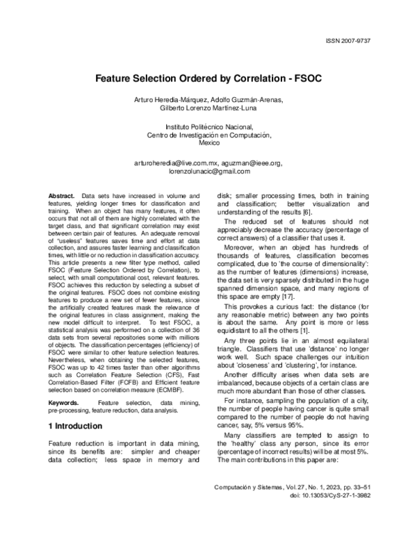 (PDF) Feature Selection Ordered by Correlation -FSOC