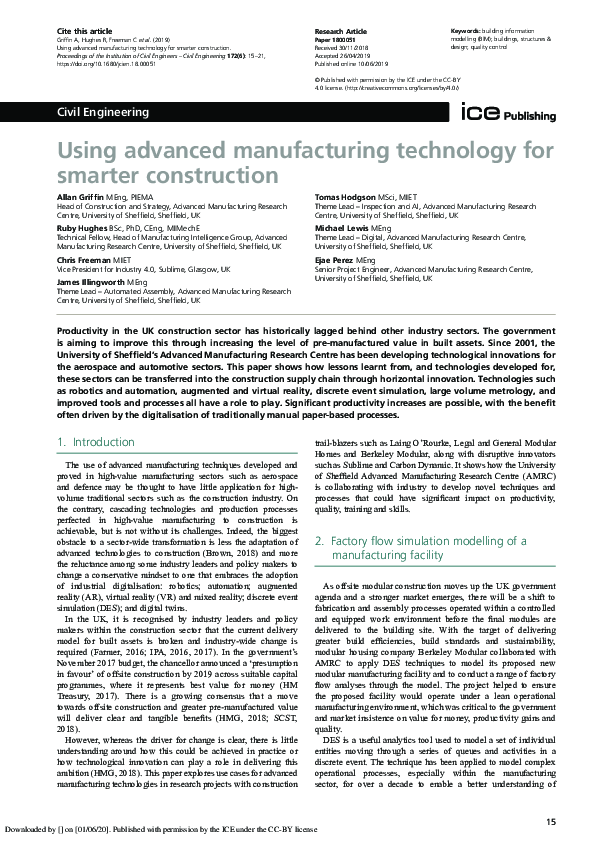 (PDF) Using advanced manufacturing technology for smarter construction