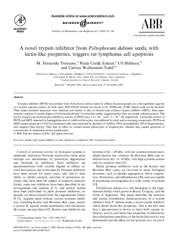 (PDF) Trypsin Inhibitor from Peltophorum dubium Induces Lymphoma Apoptosis