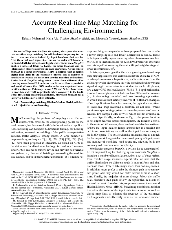 (PDF) Accurate Real-time Map Matching for Challenging Environments