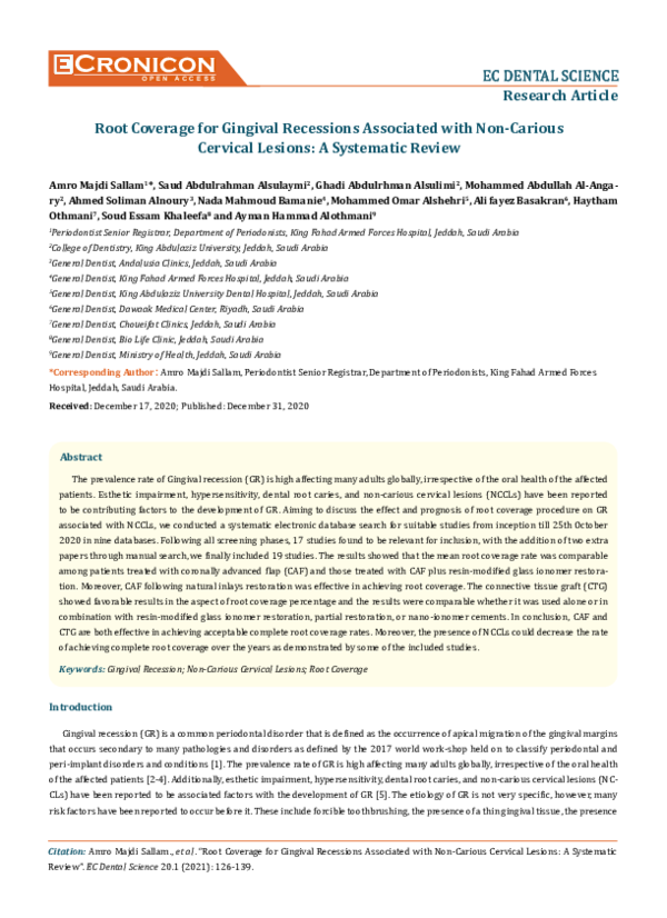 (PDF) Root Coverage for Gingival Recessions Associated with Non-Carious ...