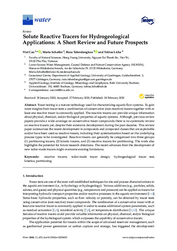 Pdf Solute Reactive Tracers For Hydrogeological Applications A Short Review And Future Prospects