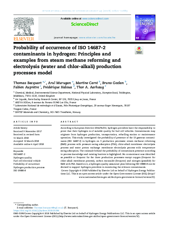 (PDF) Probability of occurrence of ISO 14687-2 contaminants in hydrogen: Principles and examples ...
