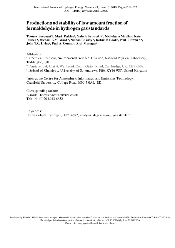 (PDF) Production and stability of low amount fraction of formaldehyde ...