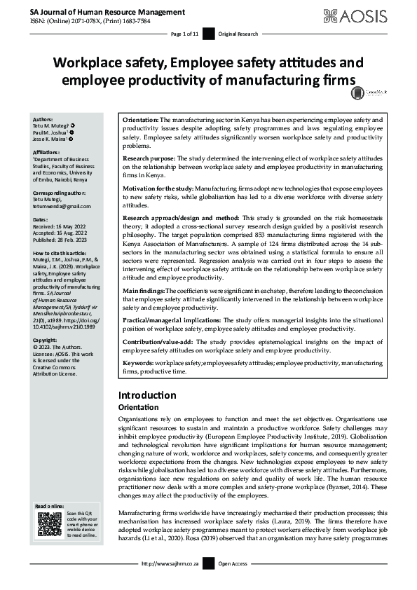 (PDF) Workplace safety, Employee safety attitudes and employee ...