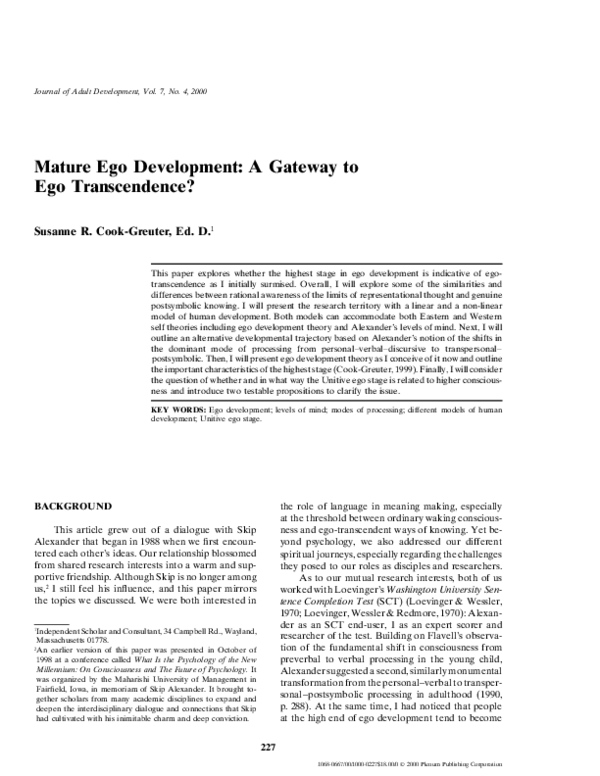 (PDF) Mature Ego Development: A Gateway to Ego Transcendence?