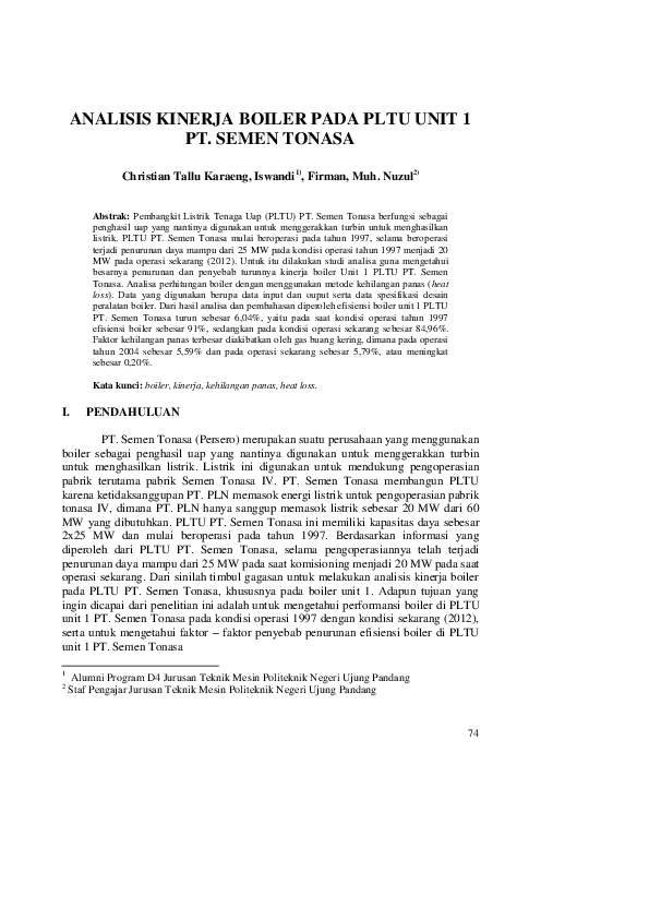 (PDF) Analisis Kinerja Boiler Pada PLTU Unit 1 PT. SEMEN Tonasa