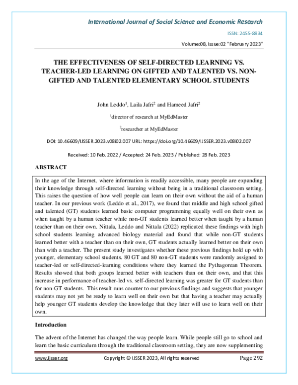 (PDF) The Effectiveness of Self-Directed Learning vs. Teacher-Led ...