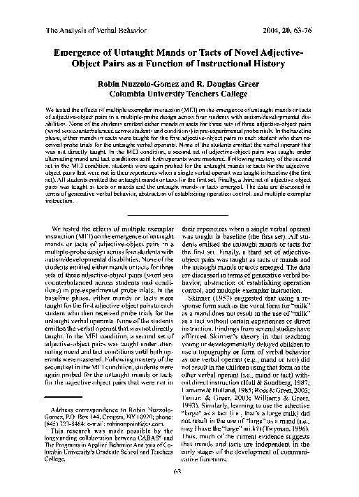 (PDF) Emergence of Untaught Mands or Tacts of Novel Adjective-Object ...