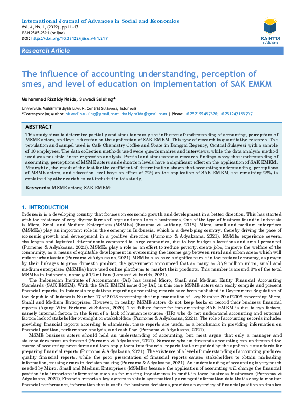 Pdf The Influence Of Accounting Understanding Perception Of Smes And Level Of Education On
