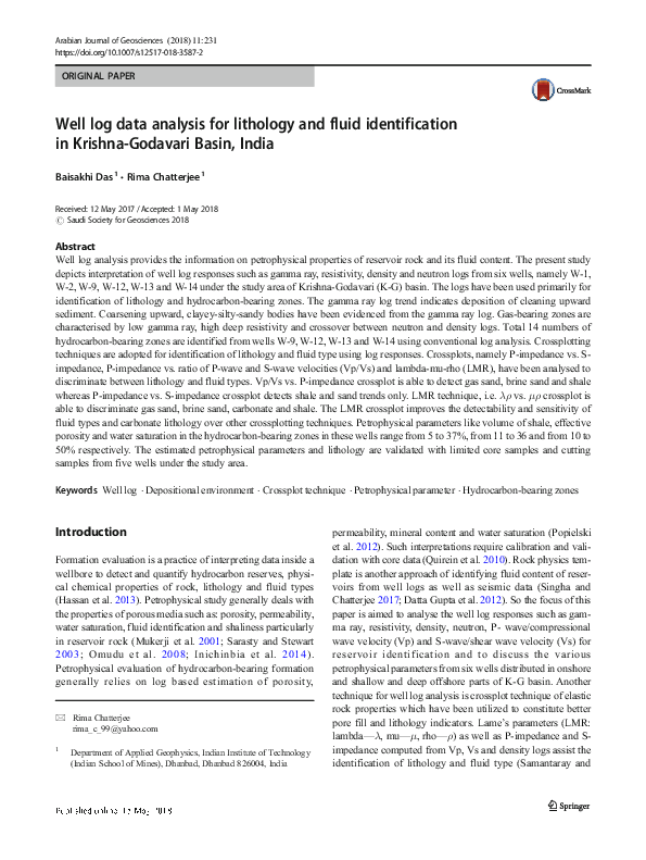 (PDF) Well log data analysis for lithology and fluid identification in Krishna-Godavari Basin, India