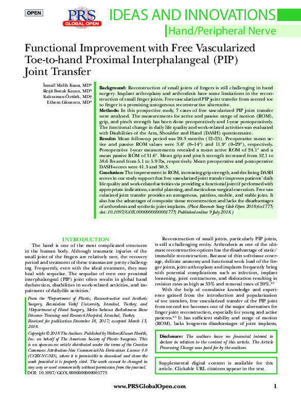 (PDF) Functional Improvement with Free Vascularized Toe-to-hand ...