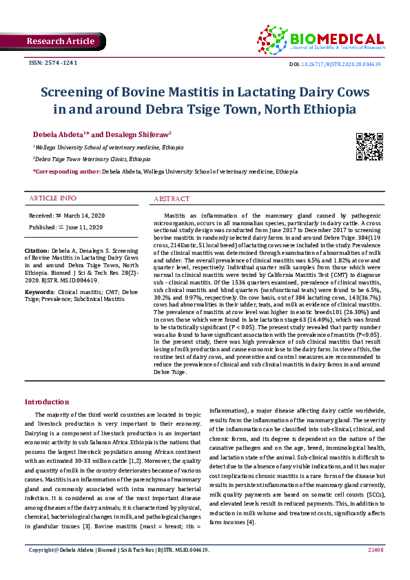 (PDF) Screening of Bovine Mastitis in Lactating Dairy Cows in and ...