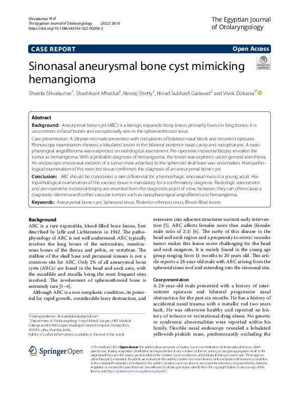 (PDF) Sinonasal aneurysmal bone cyst mimicking hemangioma | neeraj ...