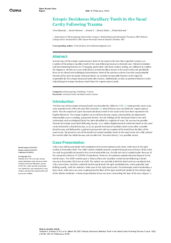 (PDF) Ectopic Deciduous Maxillary Tooth in the Nasal Cavity Following ...