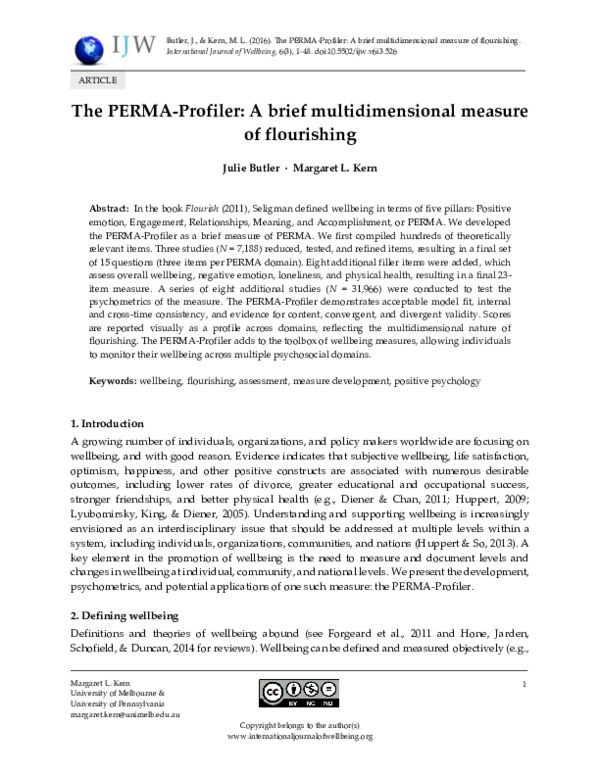 (PDF) The PERMA-Profiler: A brief multidimensional measure of flourishing