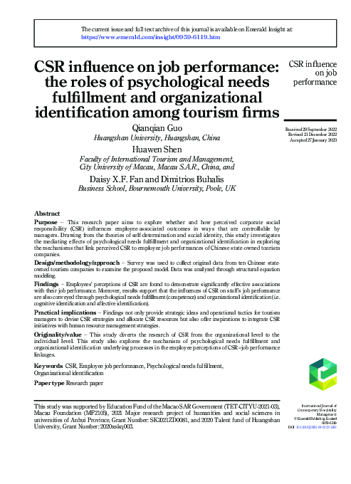 (PDF) CSR influence on job performance: the roles of psychological needs fulfillment and ...