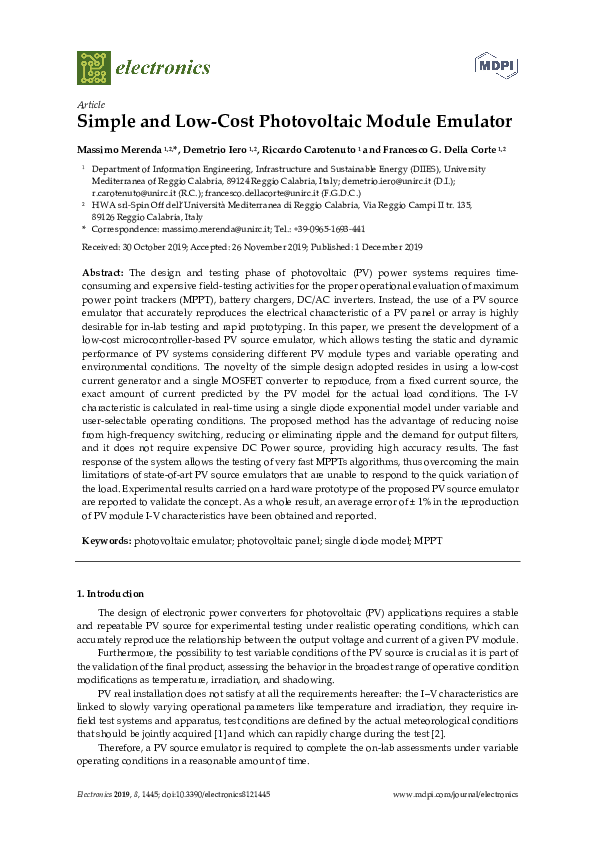 (PDF) Simple and Low-Cost Photovoltaic Module Emulator