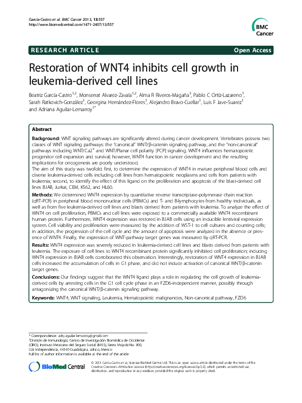 (PDF) Restoration of WNT4 inhibits cell growth in leukemia-derived cell ...