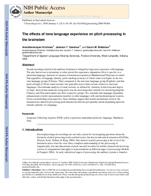 (PDF) The effects of tone language experience on pitch processing in the brainstem