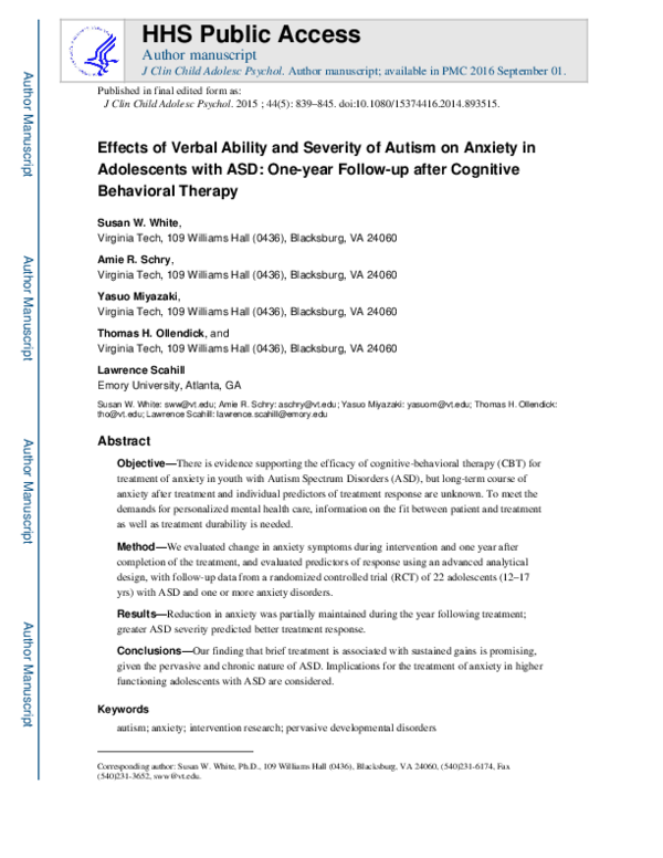(PDF) Effects of Verbal Ability and Severity of Autism on Anxiety in ...
