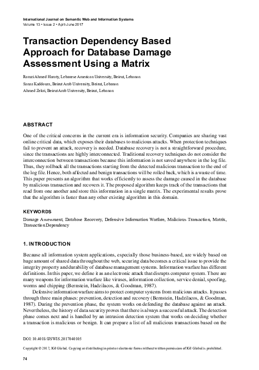 (PDF) Transaction Dependency Based Approach for Database Damage Assessment Using a Matrix