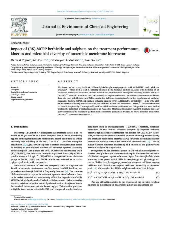 (PDF) Impact of (RS)-MCPP herbicide and sulphate on the treatment ...