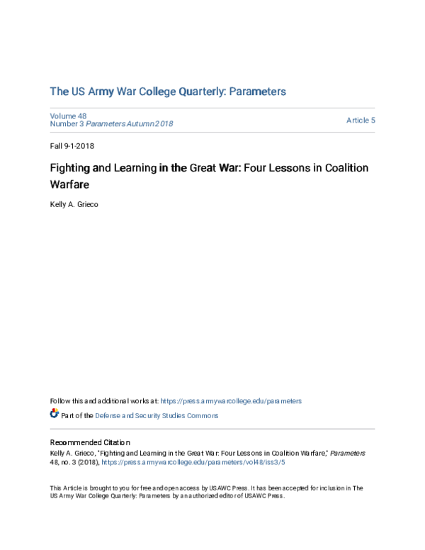 (PDF) Fighting and Learning in the Great War: Four Lessons in Coalition ...