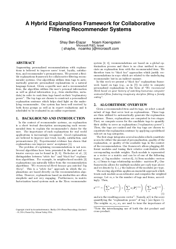 (PDF) A Hybrid Explanations Framework for Collaborative Filtering Recommender Systems