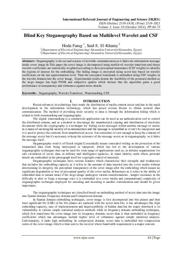 (PDF) Blind Key Steganography Based on Multilevel Wavelet and CSF