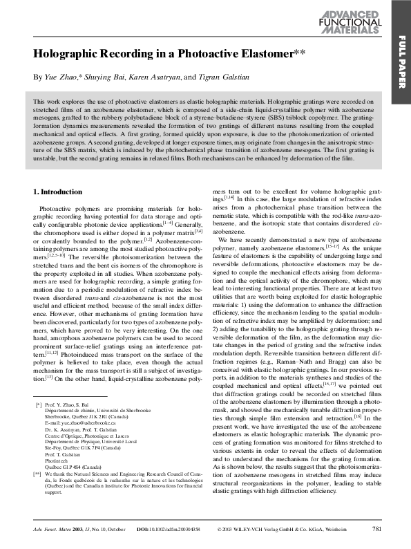 Holographic Recording in a Photoactive Elastomer