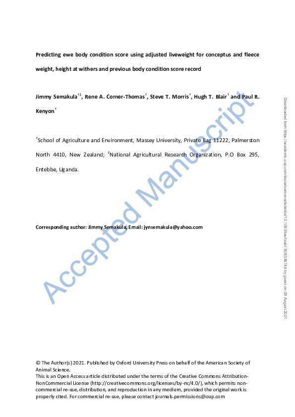 (PDF) Predicting ewe body condition score using adjusted liveweight for ...