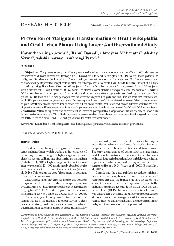 (PDF) Prevention of Malignant Transformation of Oral Leukoplakia and Oral Lichen Planus Using ...