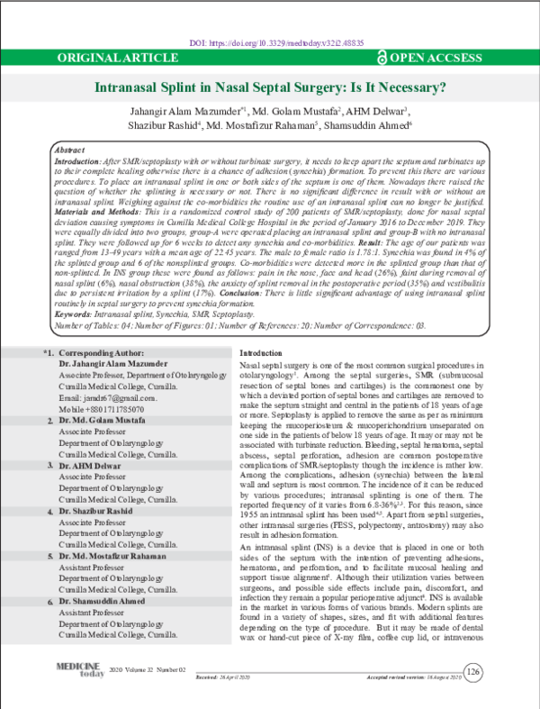 (PDF) Intranasal Splint in Nasal Septal Surgery: Is It Necessary?