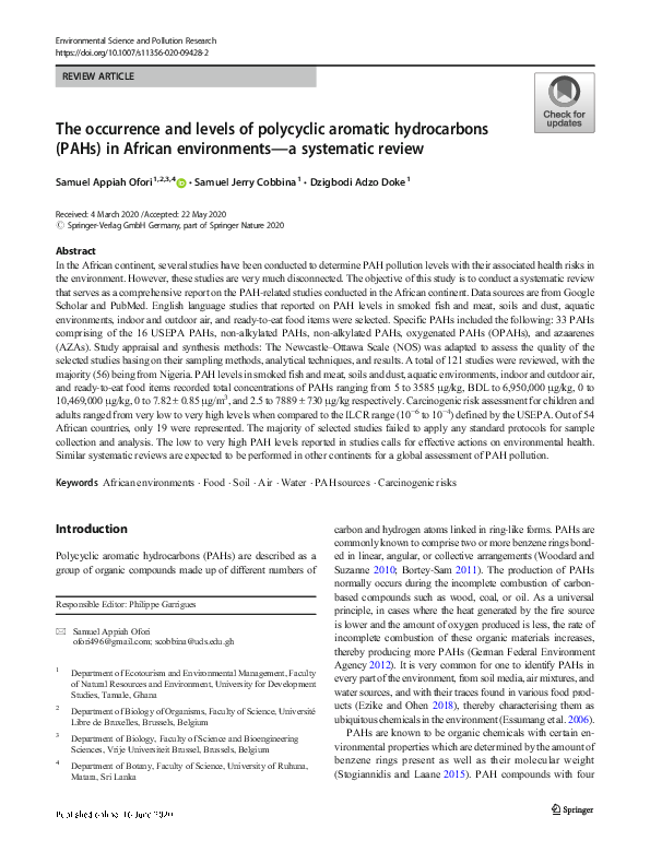 (PDF) The occurrence and levels of polycyclic aromatic hydrocarbons (PAHs) in African ...