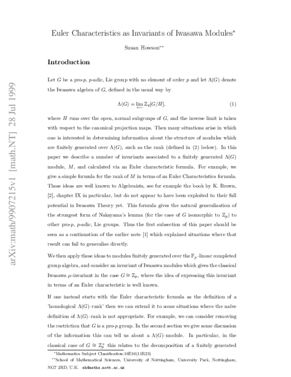 (PDF) Euler Characteristics as Invariants of Iwasawa Modules