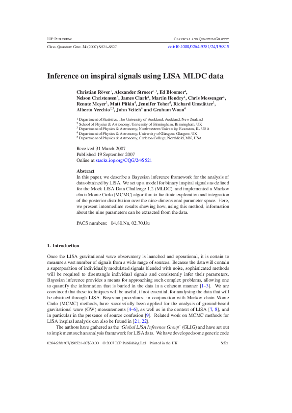 (PDF) Inference on inspiral signals using LISA MLDC data