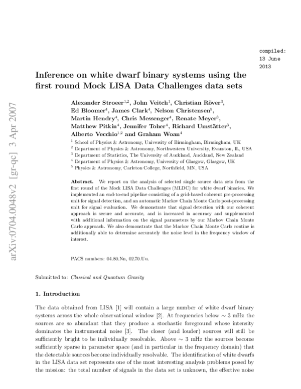 Pdf Inference On White Dwarf Binary Systems Using The First Round Mock Lisa Data Challenges