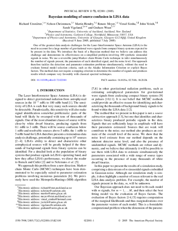 (PDF) Bayesian modeling of source confusion in LISA data | Renate Meyer - Academia.edu