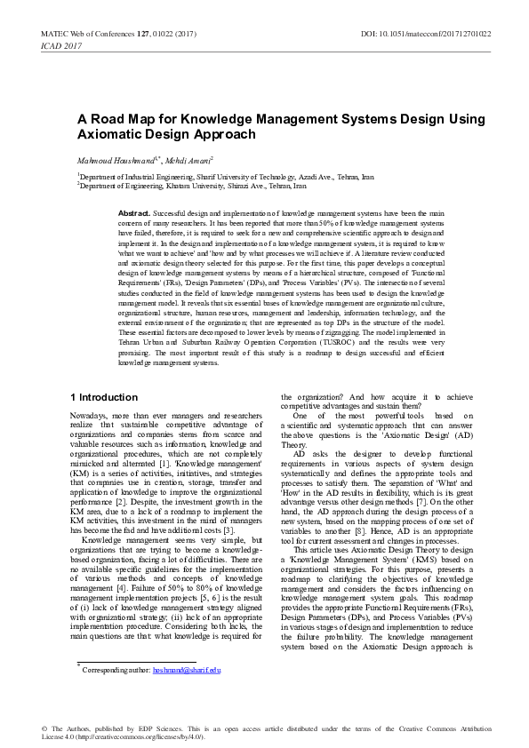 (PDF) A Road Map for Knowledge Management Systems Design Using Axiomatic Design Approach